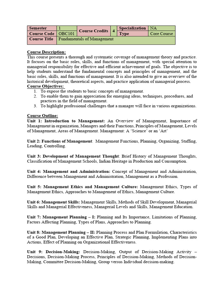 Fundamentals of Management Course Overview | PDF | Decision Making ...