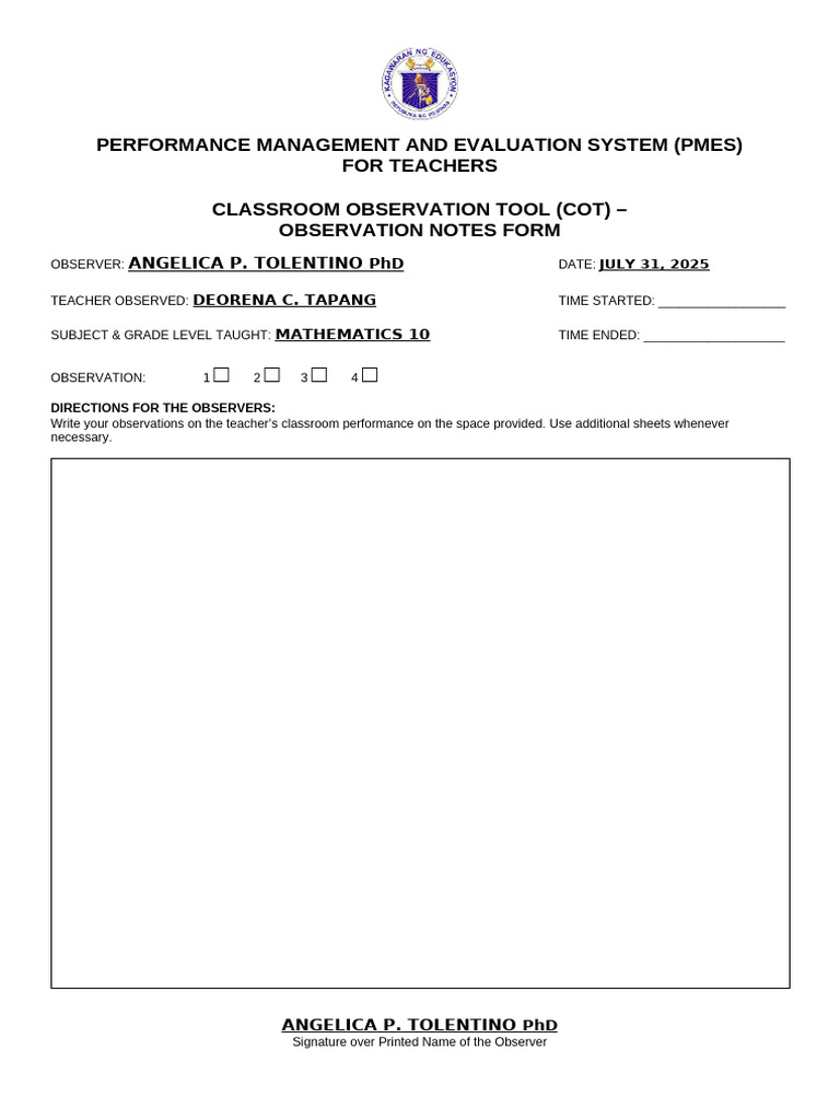 Classroom Observation Tool for Teachers | PDF