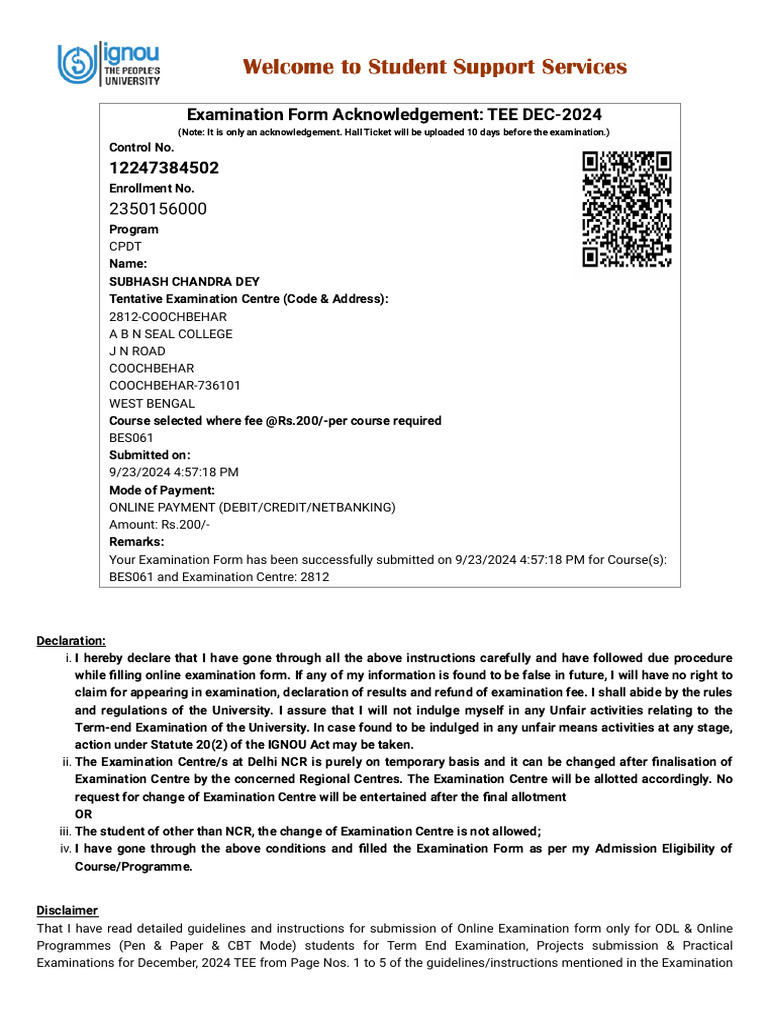 IGNOU - Examination Form Acknowledgement | PDF