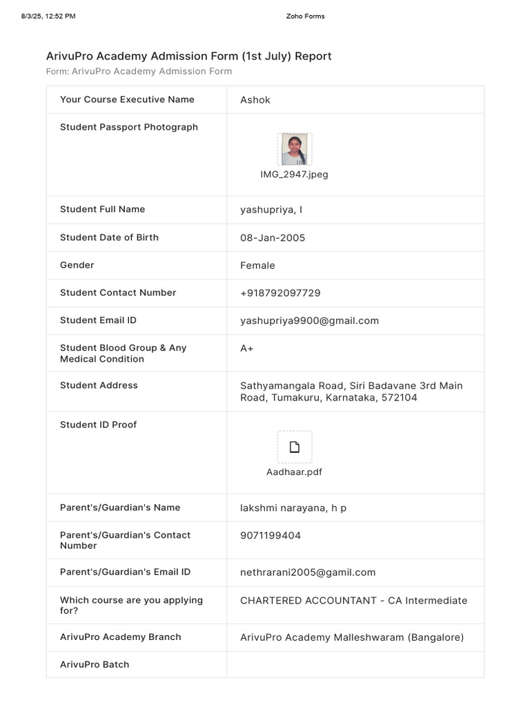 ArivuPro Academy Admission Report 2023 | PDF