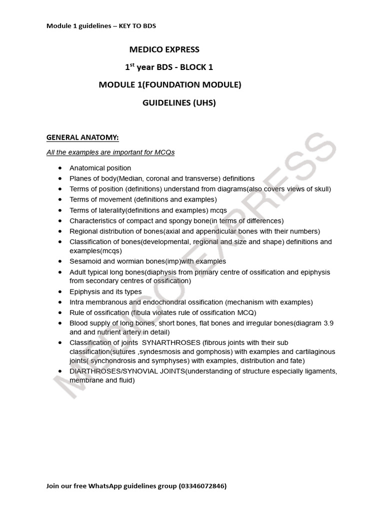 UHS BDS First Year Module 1 Guidelines | PDF | Bacteria | Human Tooth