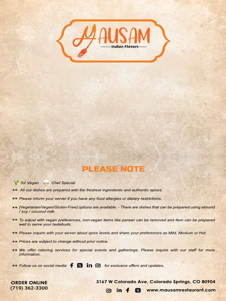 Mausam Indian Flavors Food Menu Colorado Springs | PDF