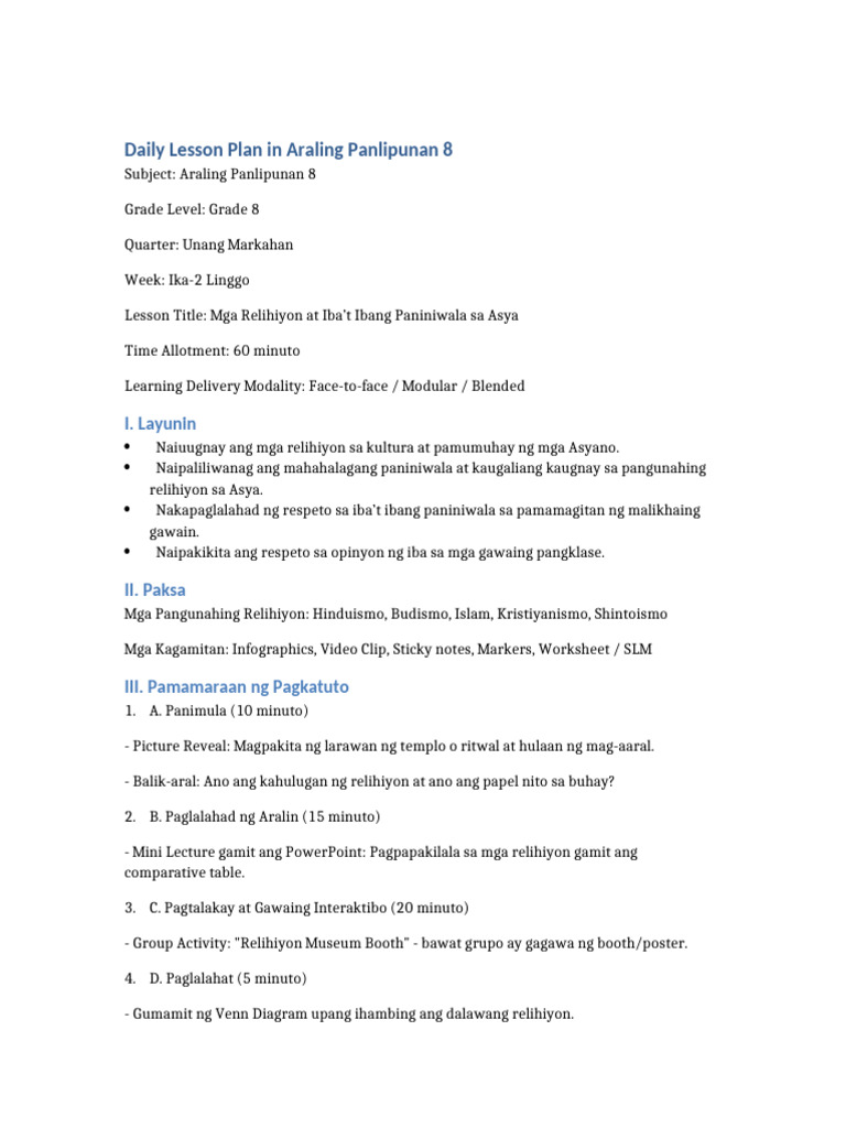Lesson_Plan_Grade8_AP_Relihiyon | PDF