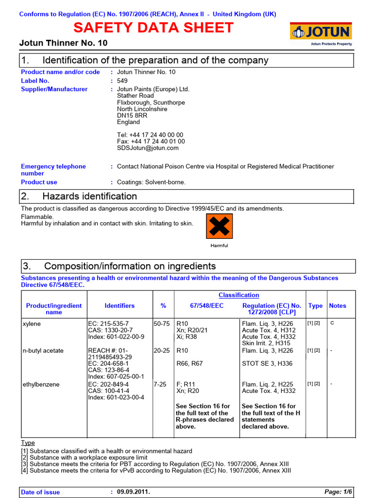 SDS - Jotun Thinner No. 10 - Marine - Protective - English (Uk ...
