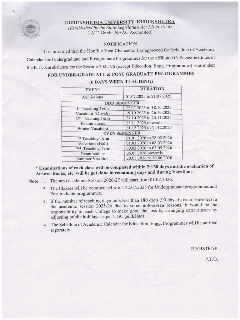 KUK Academic Calendar 2025-26 | PDF | Schools | Academia