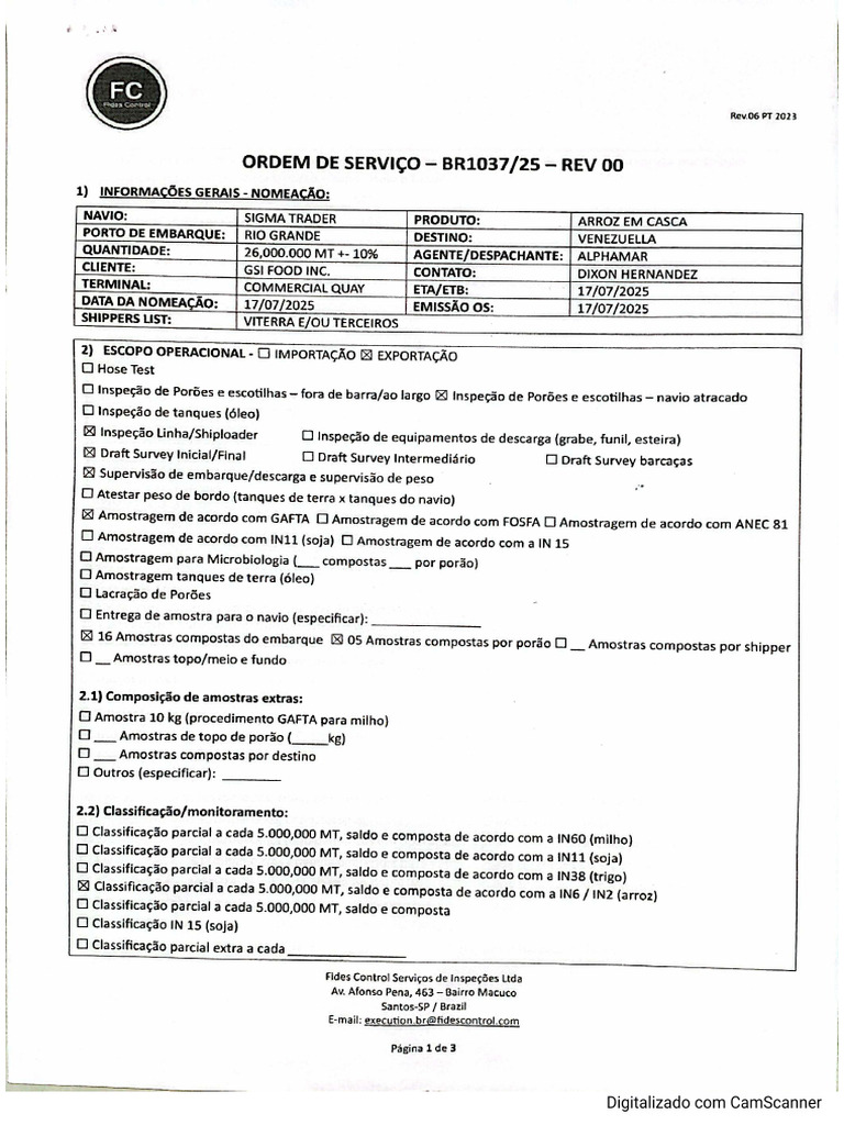 MV Sigma Trader - Ordem de Serviço | PDF
