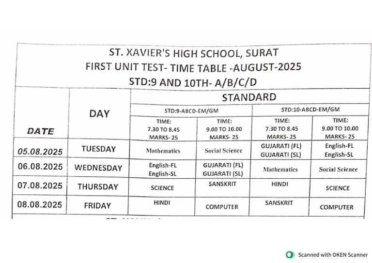 1st Unit Test Time Table | PDF