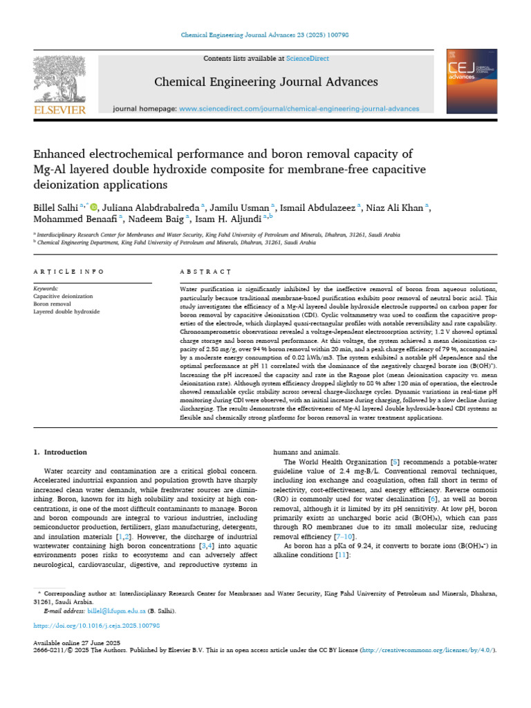 Enhanced Electrochemical Performance and Boron Removal CA 2025 Chemical Engi | PDF | Boron | Ph