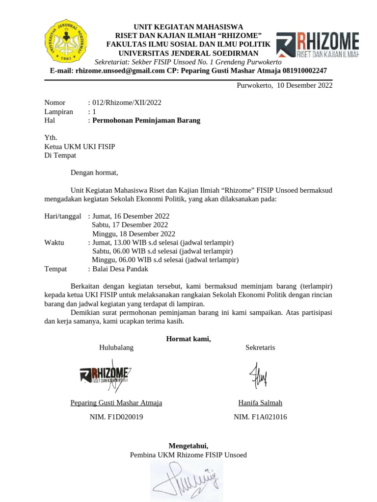 012-Surat Permohonan Peminjaman Barang-UKI | PDF