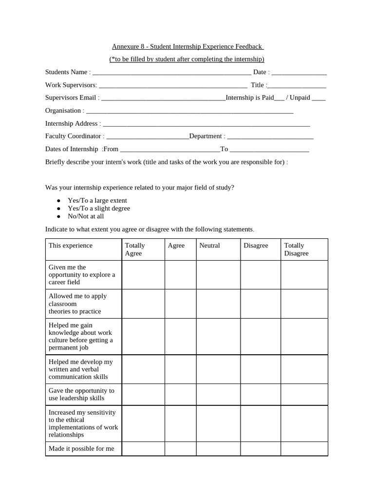 Internship Experience Feedback Form | PDF | Job Hunting | Internship