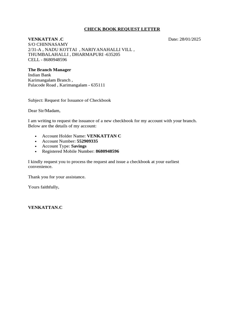 Check Book Request Letter | PDF