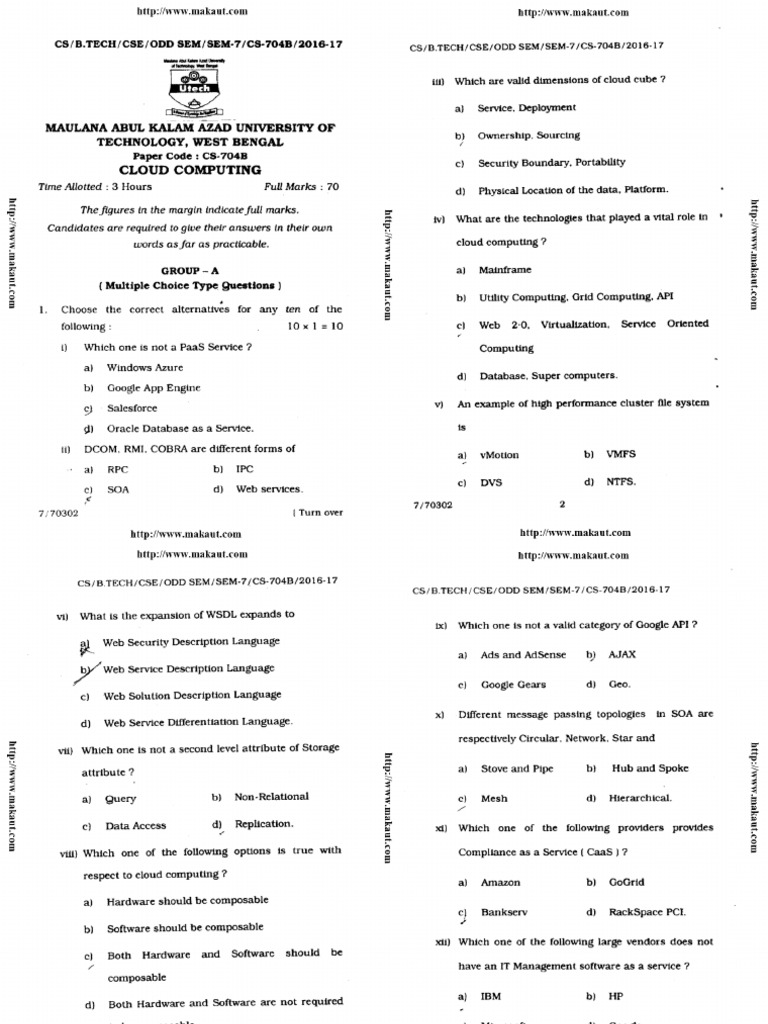 Btech Cse 7 Sem Cloud Computing 2017 | PDF