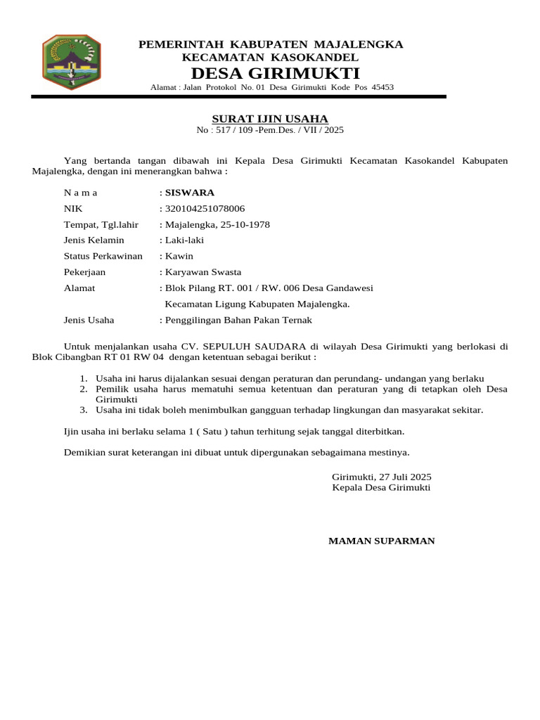 Surat Ijin Usaha | PDF