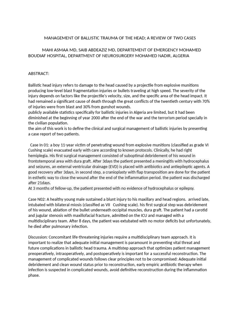 Management of Ballistic Trauma of The Head | PDF | Wound | Medical Specialties