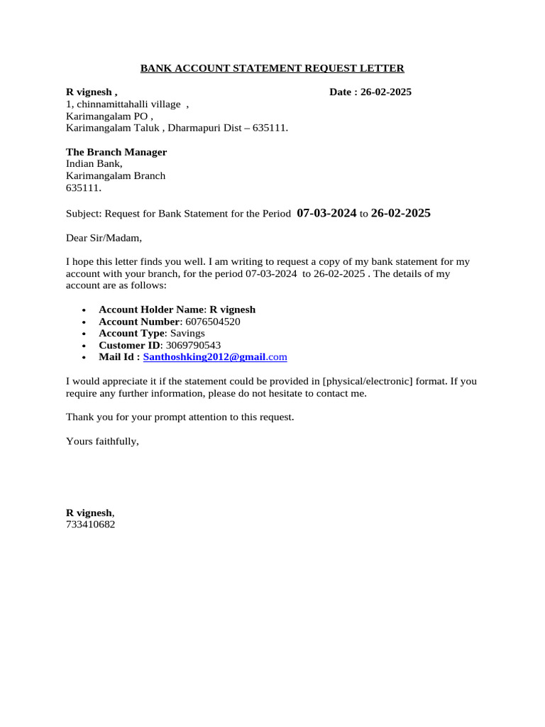 Bank Account Statement Request Letter | PDF