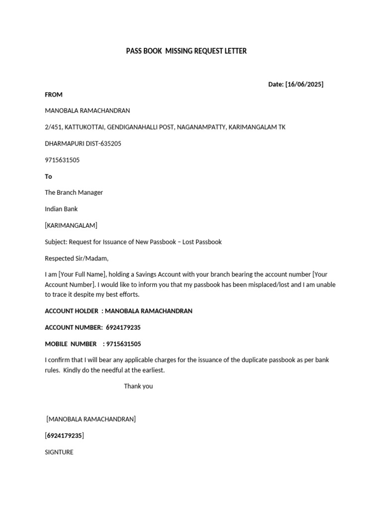 Request for Duplicate Passbook | PDF