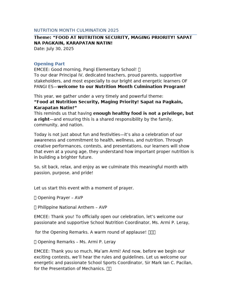 Nutrition Month Emcee Script 2025 | PDF