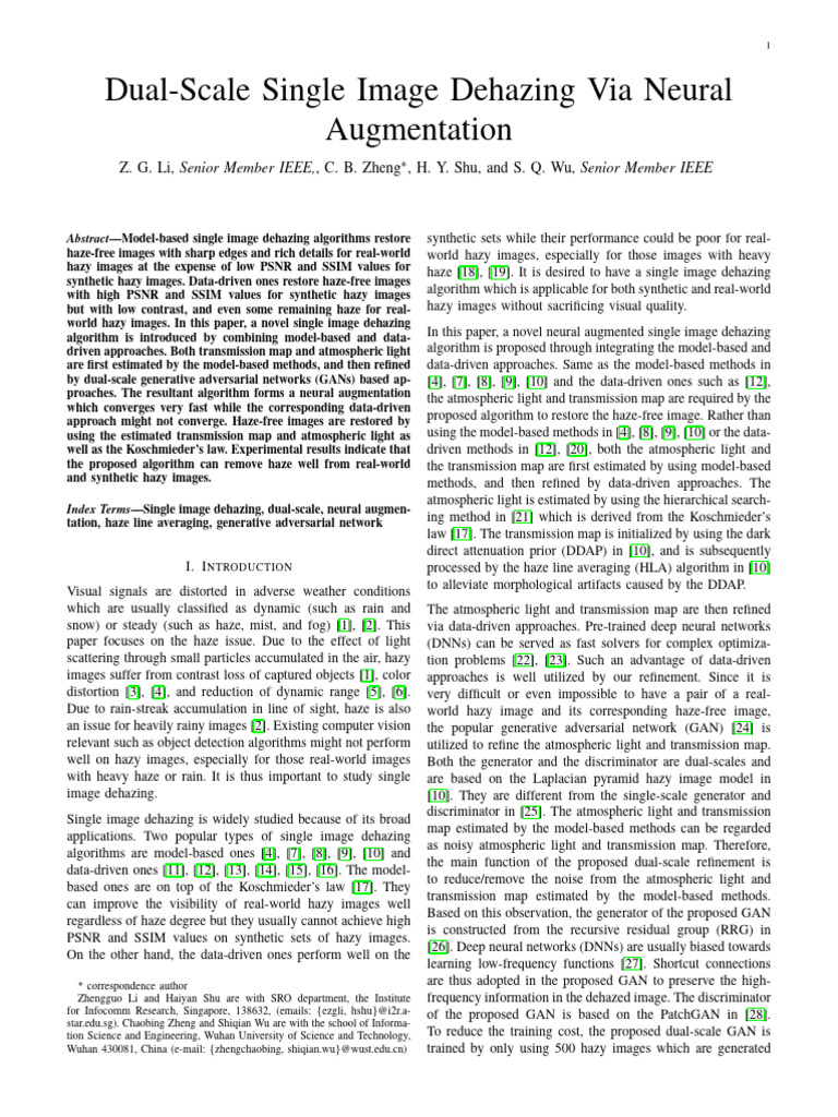 2022 - Dual-Scale Single Image Dehazing Via Neural Augmentation | PDF | Deep Learning | Function ...
