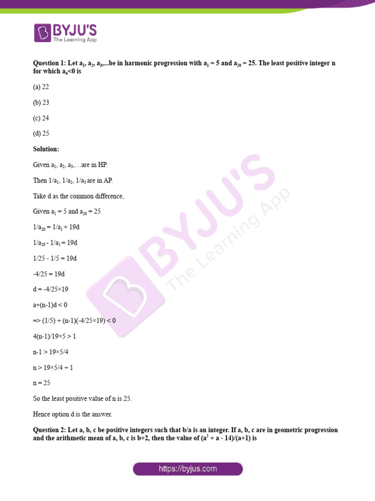 Sequences and Series JEE Advanced Previous Year Questions With Solutions | PDF | Triangle | Area