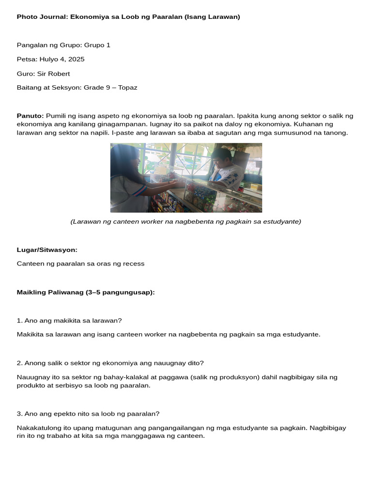 Photo Journal Ekonomiya Sa Loob NG Paaralan (Isang Larawan) | PDF