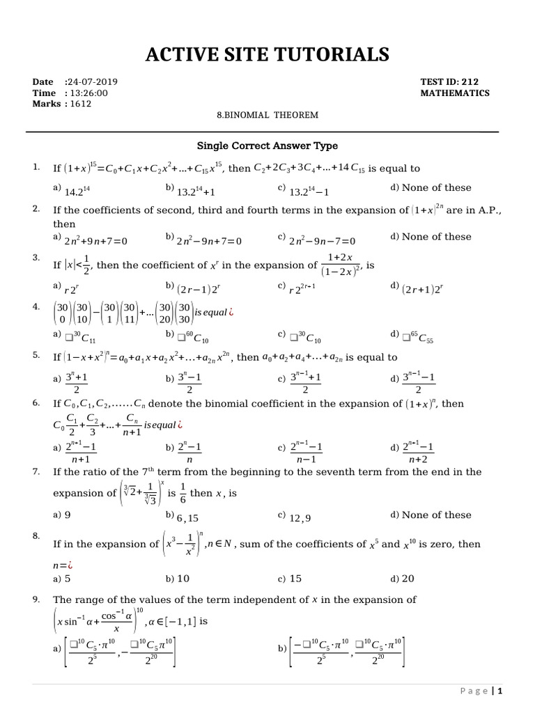 Binomial Theorem Worksheet | PDF | Mathematics | Number Theory