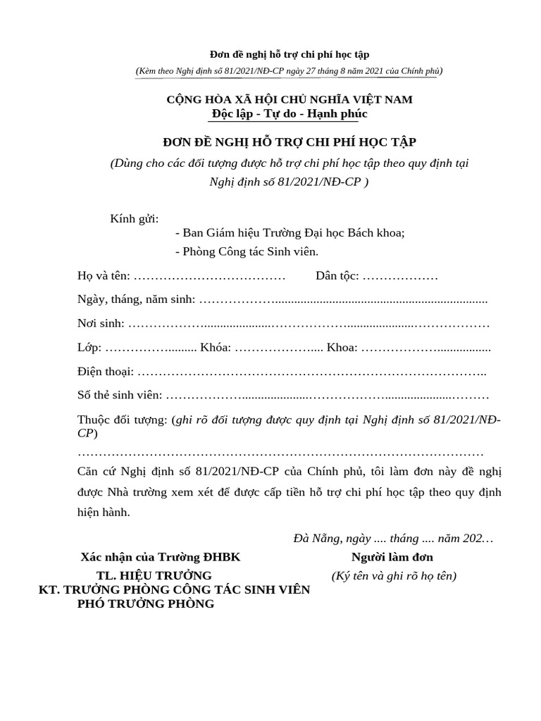 Don de Nghi Ho Tro Chi Phi Hoc Tap | PDF