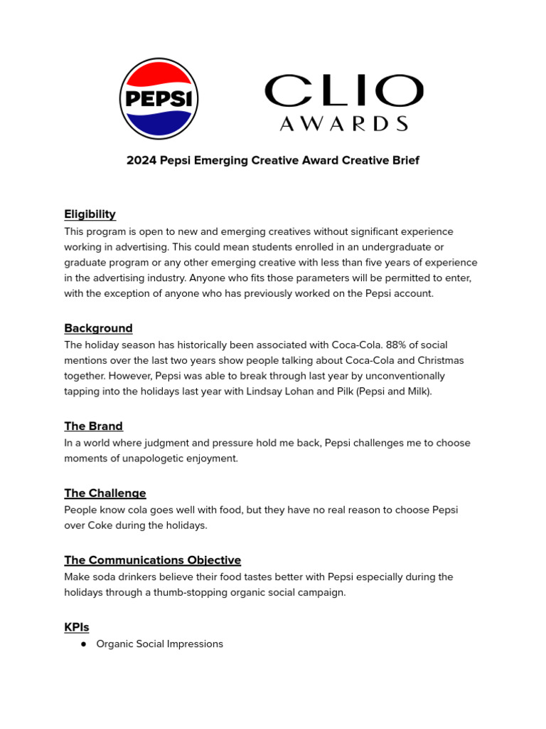Pepsi X Clio Emerging Creative Award Updated Brief Final | PDF | Coca ...