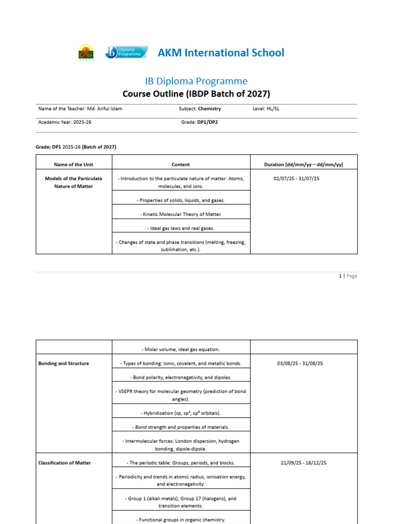 IBDP Chemistry Course Outline 2025-27 | PDF | Chemical Reactions ...