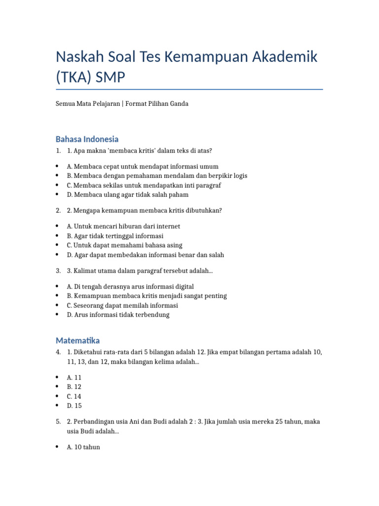 Naskah Soal TKA SMP All Mapel | PDF