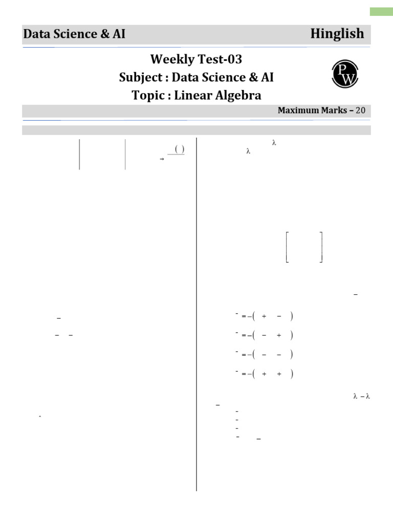 Linear Algebra - Weekly Test 03 Test Paper | PDF | Mathematical ...
