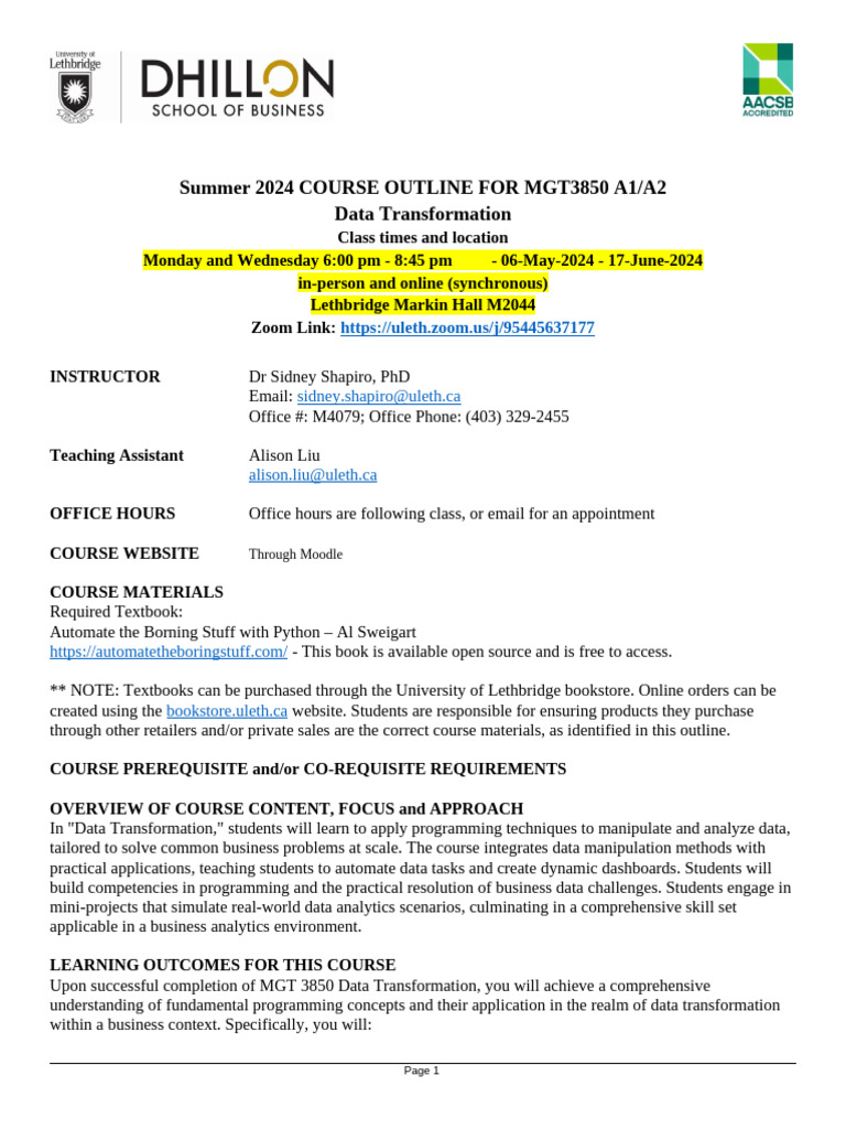 MGT3850 course outline (2) | PDF | Plagiarism | Academic Integrity