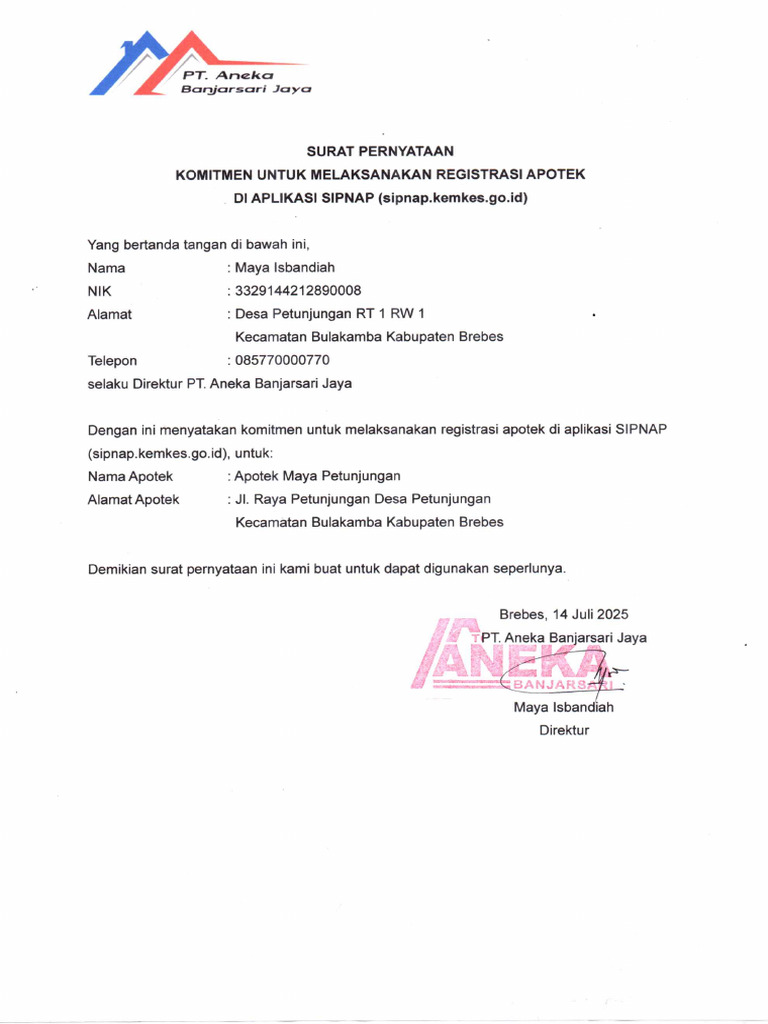 Surat Pernyataan Komitmen SIPNAP | PDF