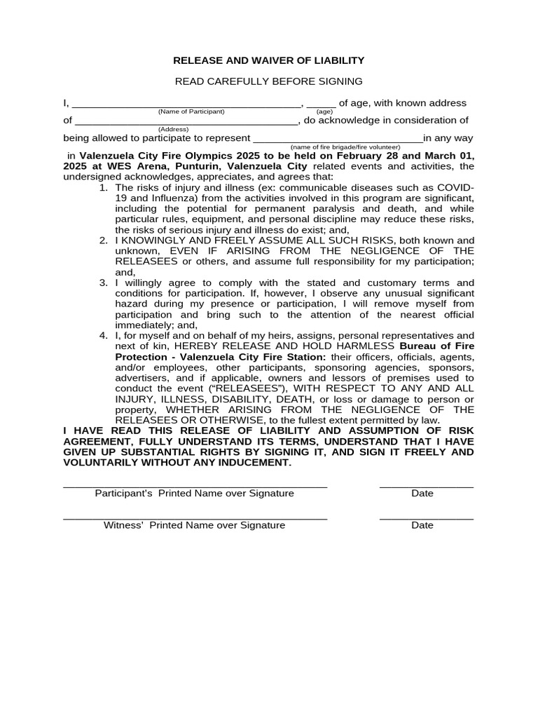 RELEASE AND WAIVER OF LIABILITY - 2025 Fire Prevention Month | PDF ...