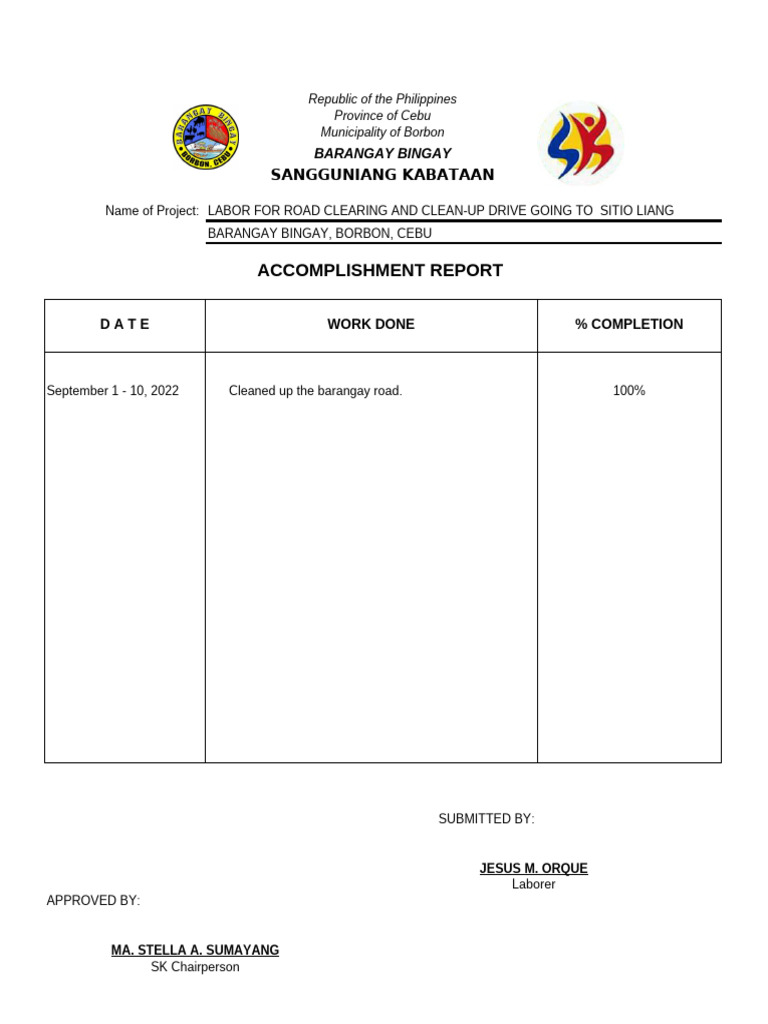 Barangay Road Clearing Accomplishment Report | PDF