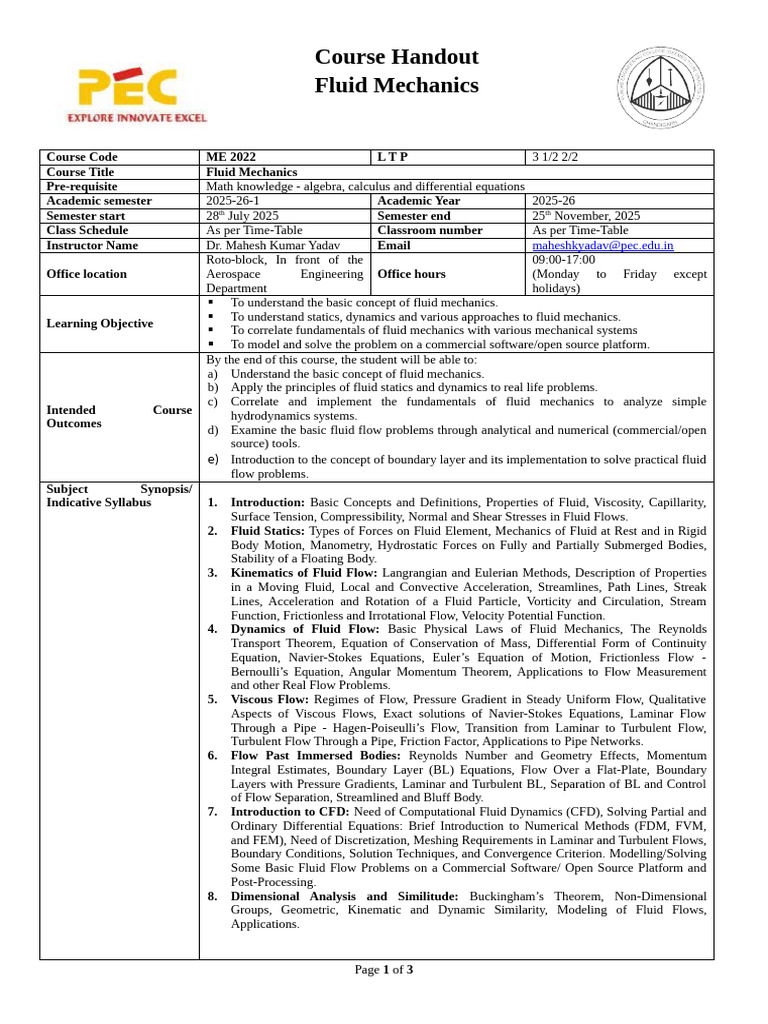 ME2022 Fluid Mechanics Course Handout | PDF | Fluid Dynamics | Navier–Stokes Equations