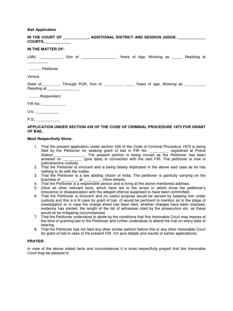 Bail Application Format | PDF | Bail | Arrest