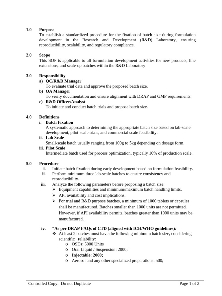 Batch Size Fixation SOP for R&D | PDF