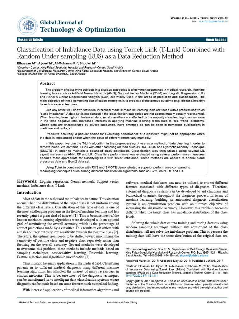 Classification of Imbalance Data Using Tomek Link Tlink Combined With Random Undersampling Rus ...