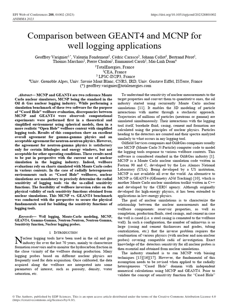 Comparison Between GEANT4 and MCNP For Well Logging Applications | PDF ...