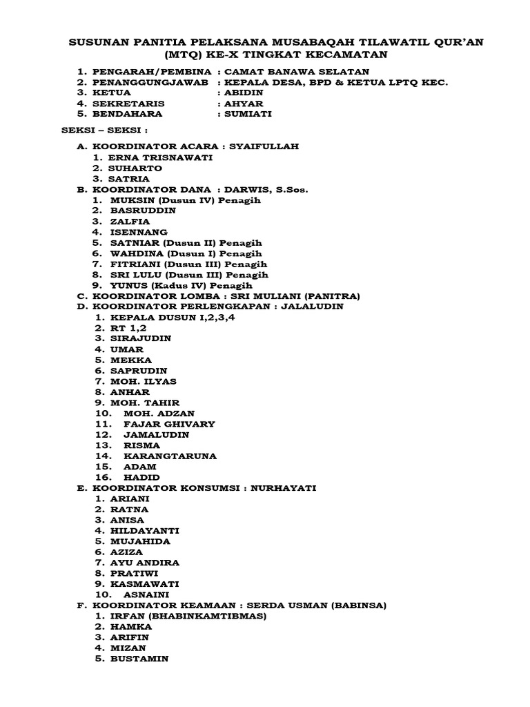 SUSUNAN PANITIA MTQ | PDF