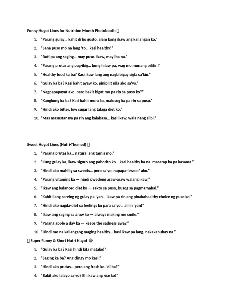 Funny Hugot Lines For Nutrition Month Photobooth ? | PDF