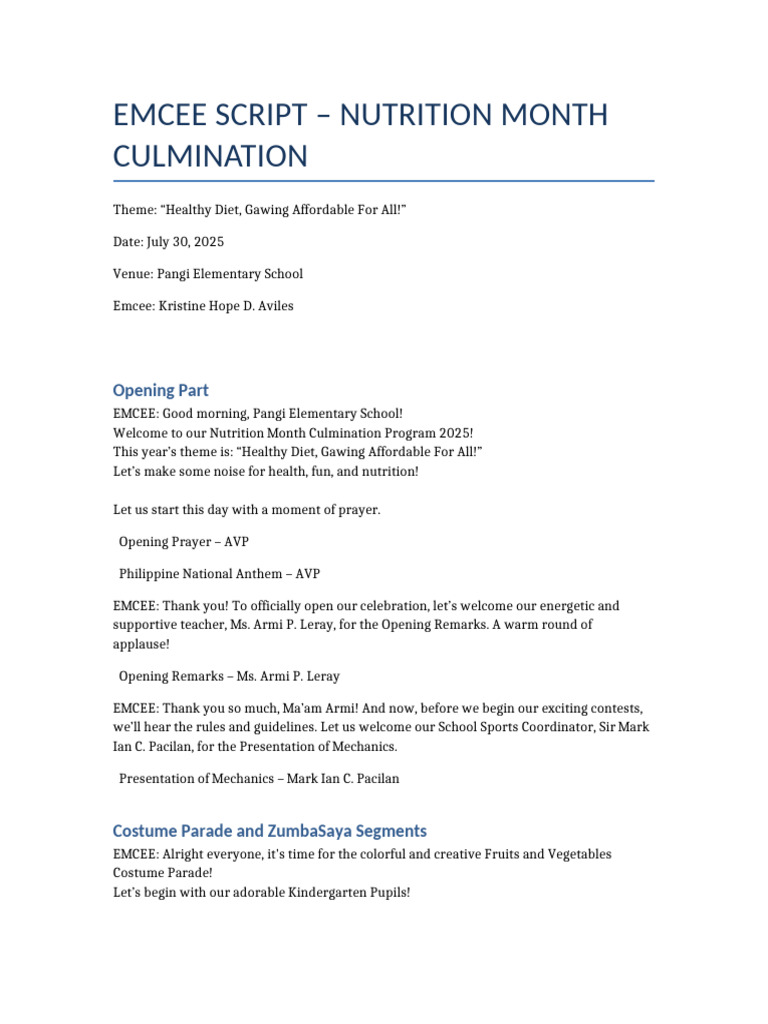Nutrition Month Emcee Script 2025 | PDF