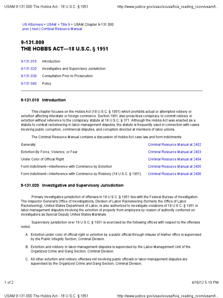 USAM 9-131.000 The Hobbs Act - 18 U.S.C. § 1951 | Crimes | Crime & Justice