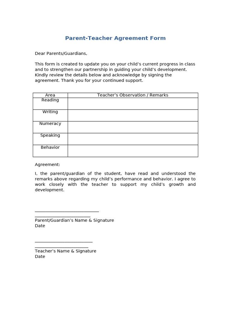 Parent Teacher Agreement Form | PDF