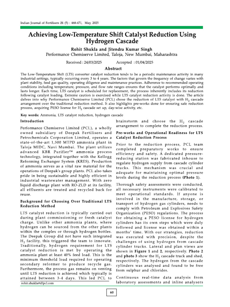 Article On LTS Catalyst Reduction Through H2 Cascade | PDF