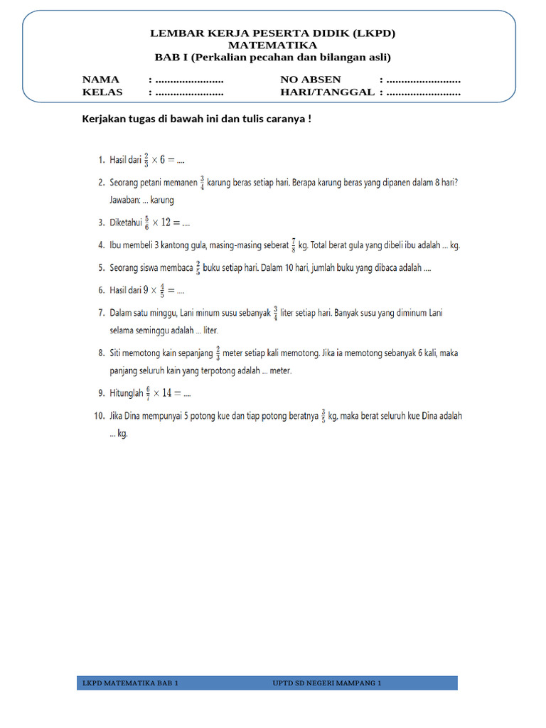 LKPD MTK Bab 1 Perkalian Pecahan Dan Bil Asli | PDF
