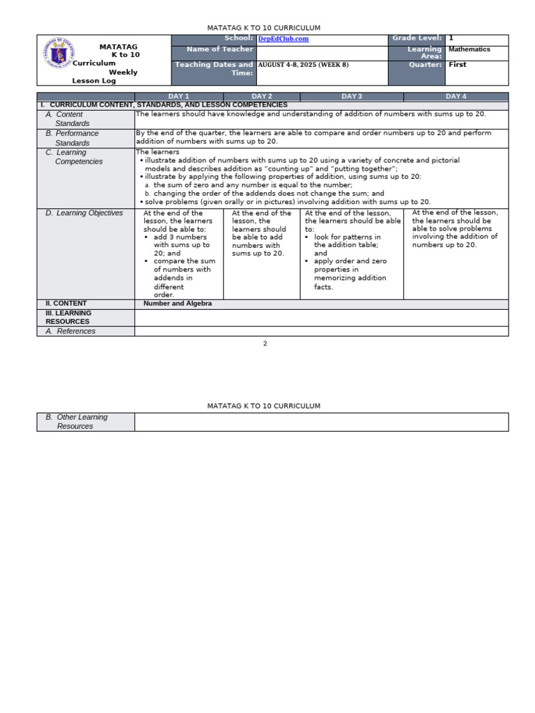DLL Matatag Mathematics 1 q1 w8 | PDF | Learning | Curriculum