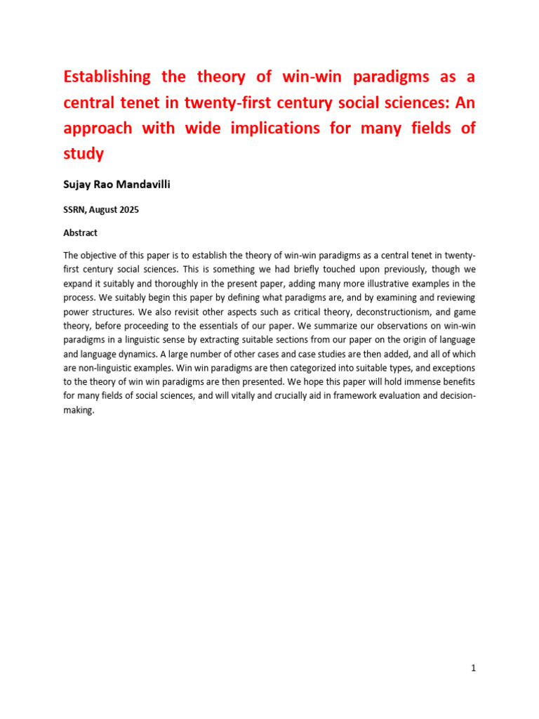 Win-Win Paradigms in Social Sciences | PDF | Game Theory | Methodology