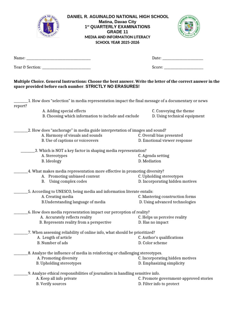 Media and Information Literacy 1ST-QUARTER-EXAMINATION | PDF | Bias ...