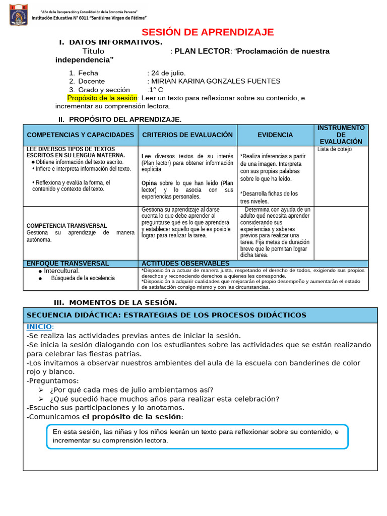 Plan Lector: Proclamación de Independencia | PDF | Aprendizaje ...
